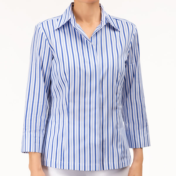 3/4 Slv HIdden Placket Shirt in Blue Stripes – Leggiadro